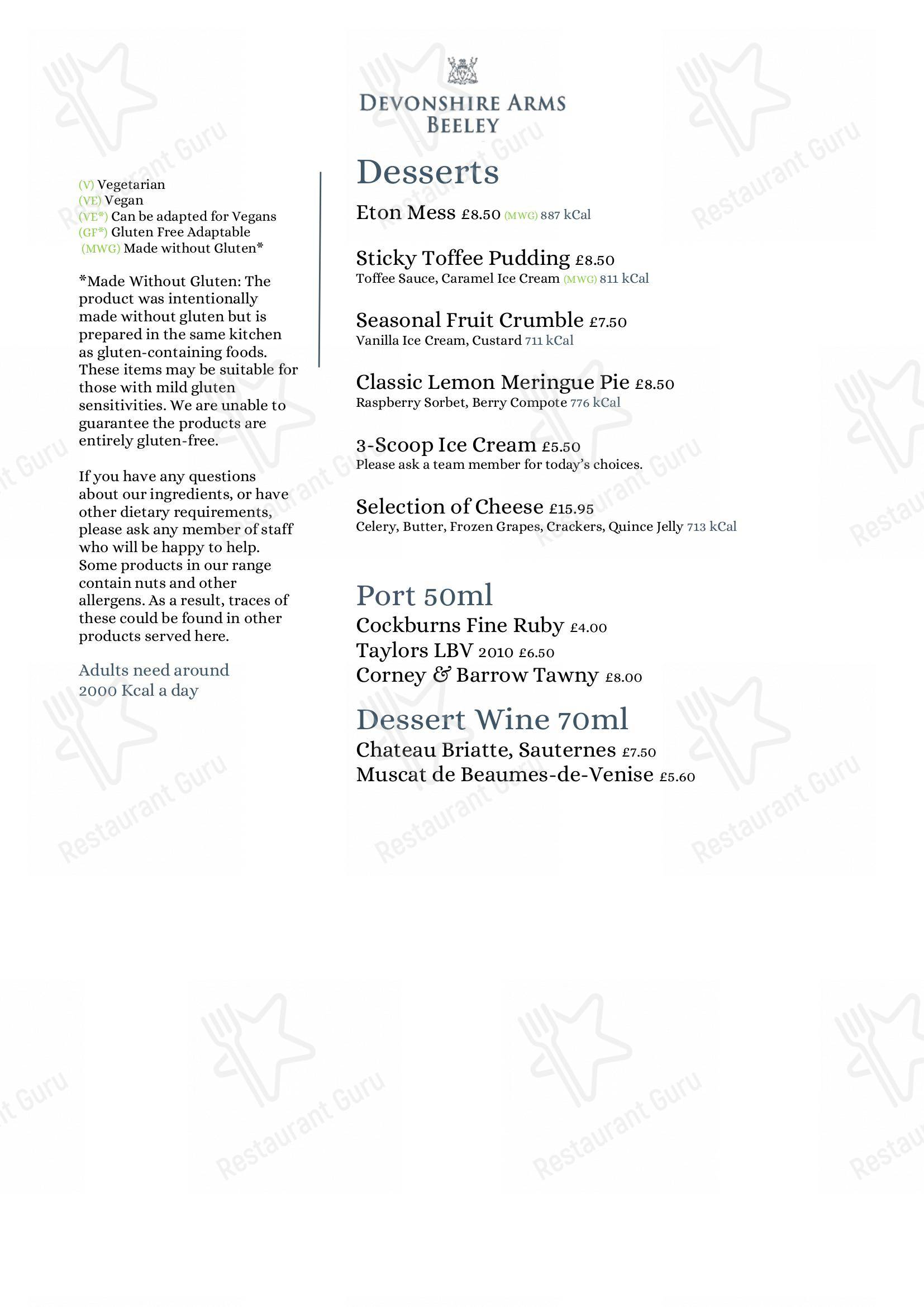 Menu at The Devonshire Arms at Beeley pub & bar, Rowsley