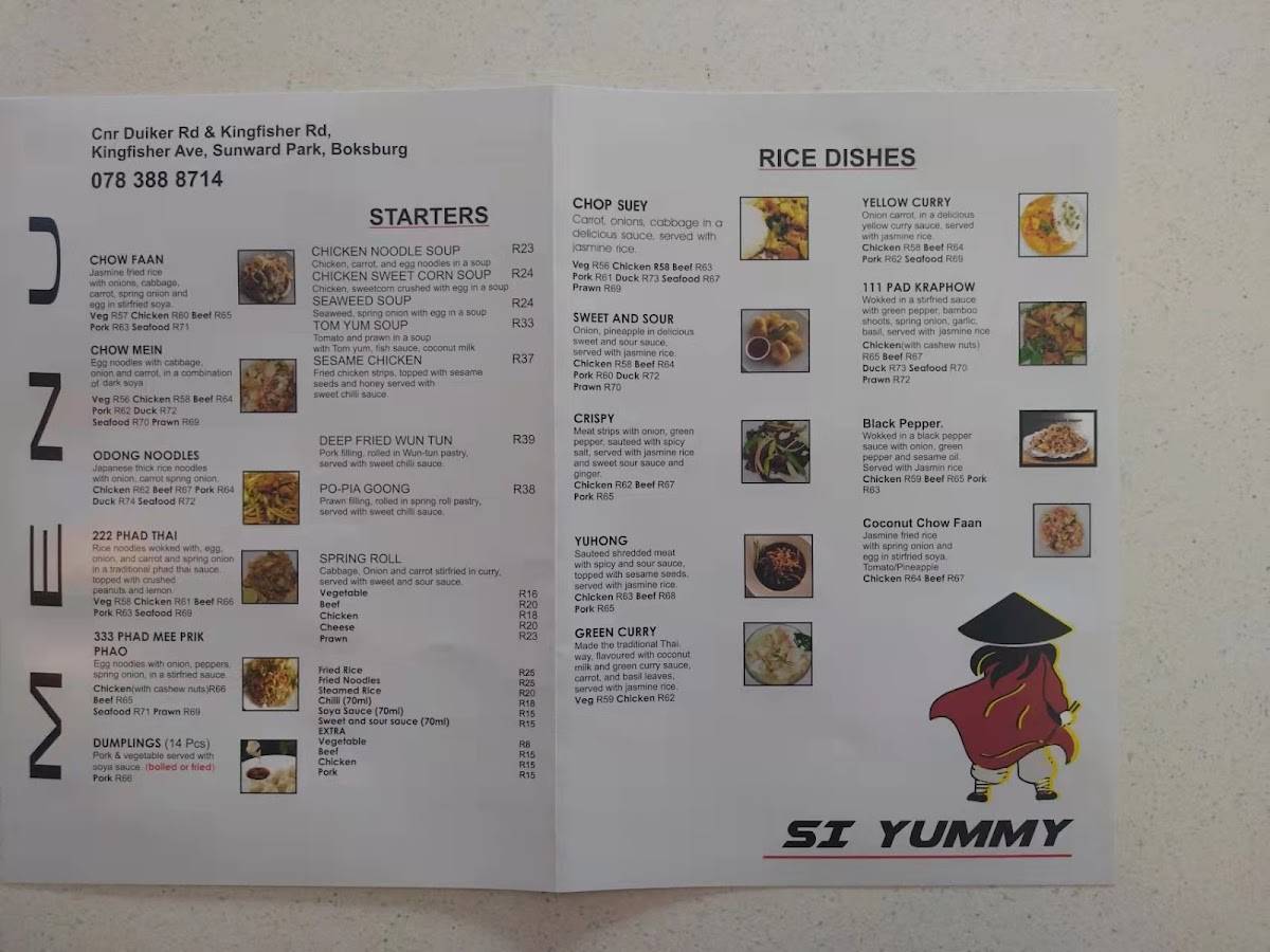 Menu at si yummy restaurant, Boksburg