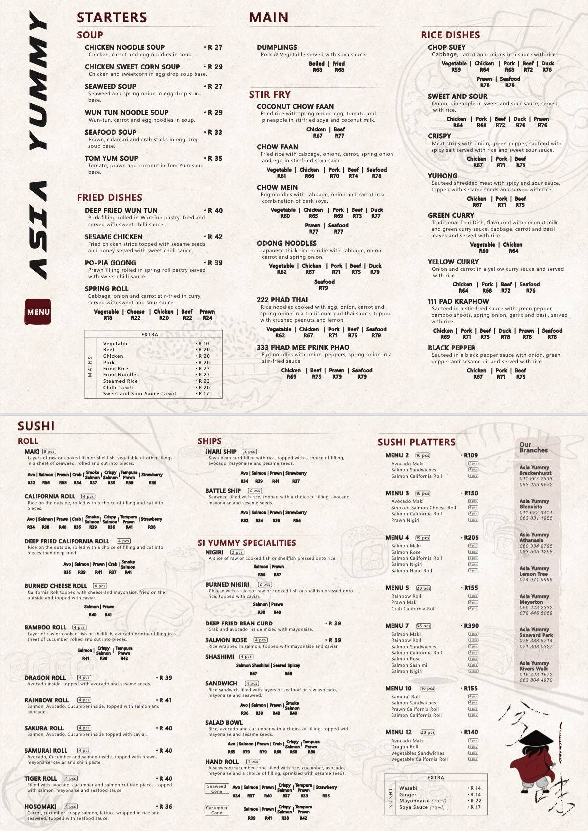 Menu at si yummy restaurant, Boksburg