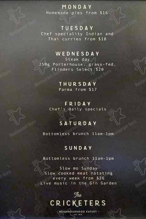 Menu at The Cricketers Neighbourhood Eatery pub & bar, Port Melbourne