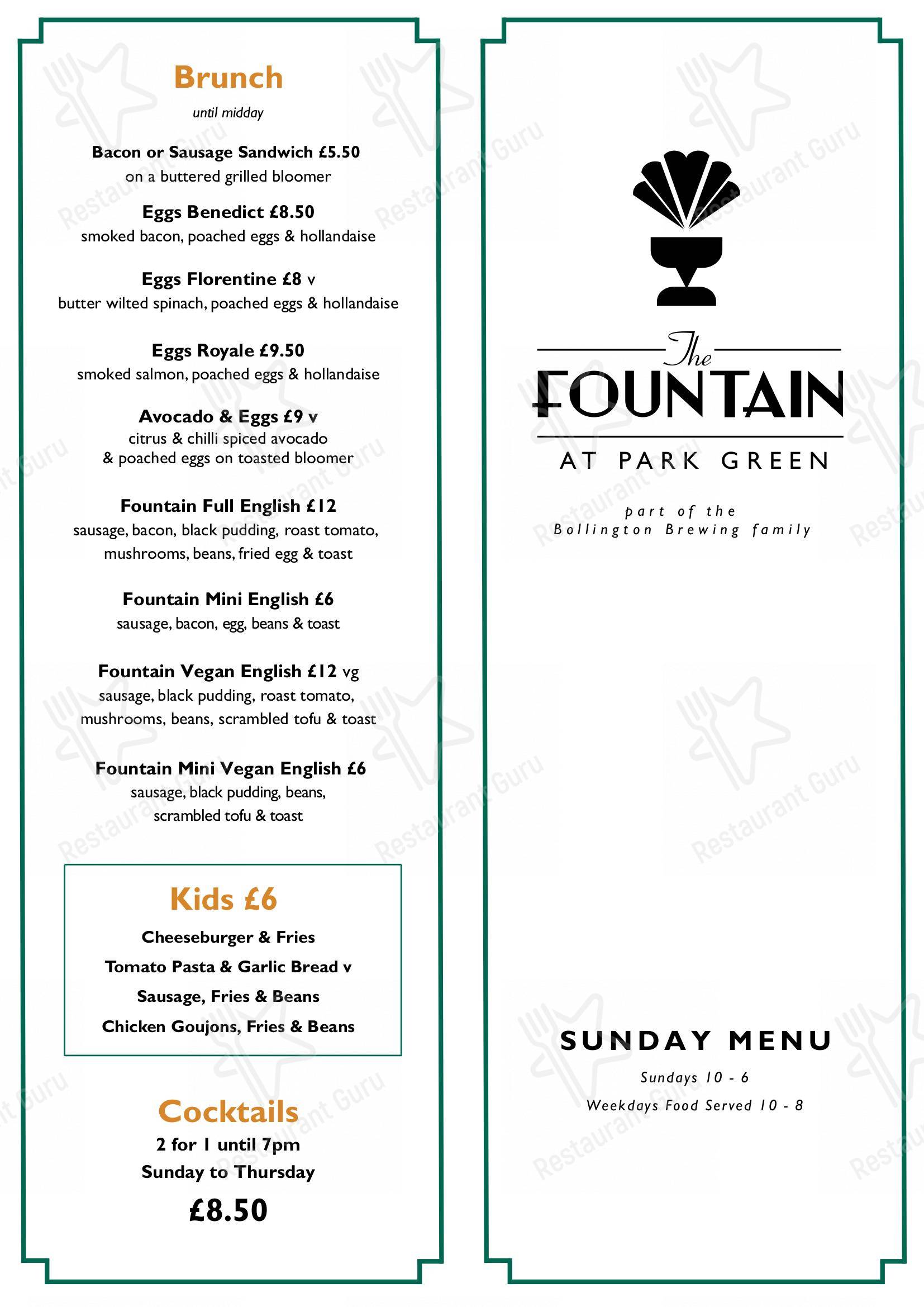 Menu at The Fountain cafe, Macclesfield