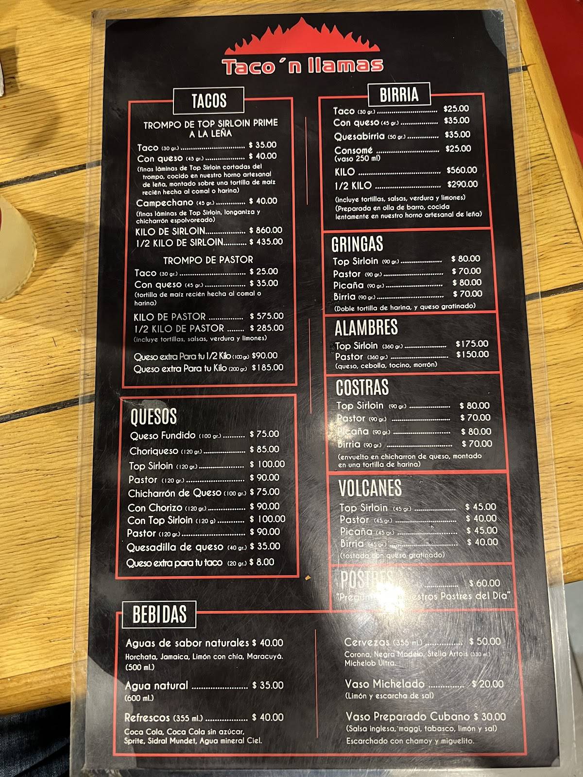 Carta del restaurante taco 'n llamas, Ciudad del México