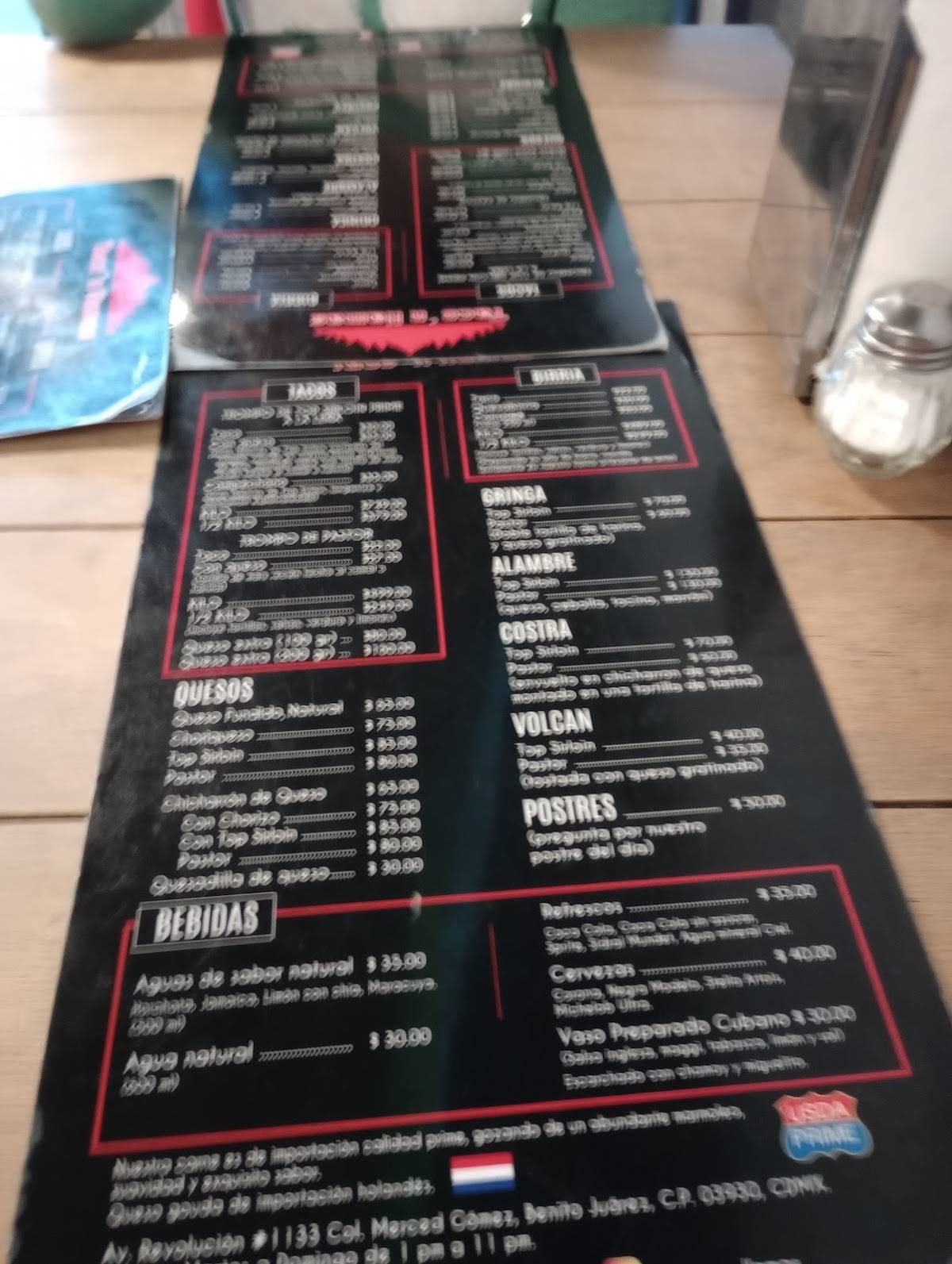 Carta del restaurante taco 'n llamas, Ciudad del México