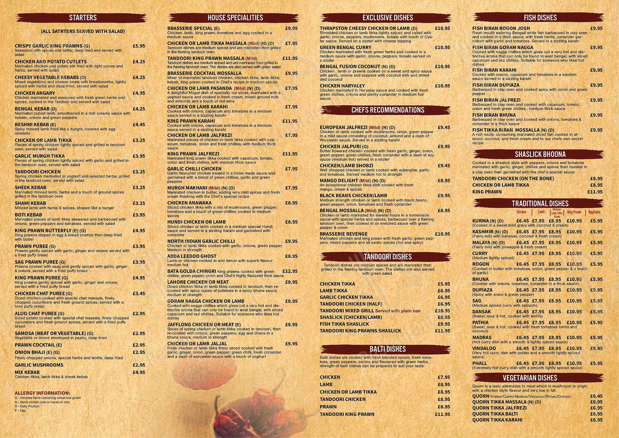 Menu at Bengal SpiceThrapston restaurant, Brigstock