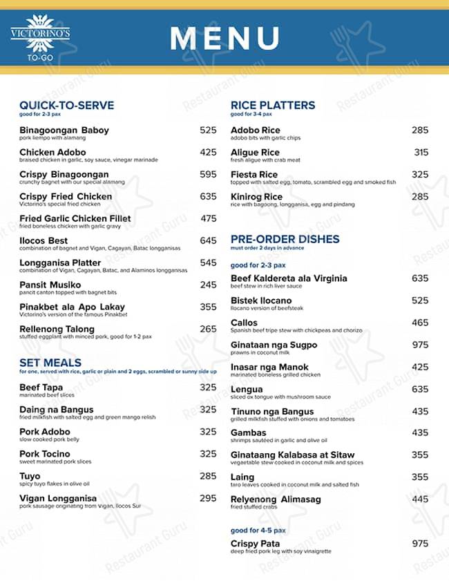 Menu at Victorino's Restaurant, Quezon City