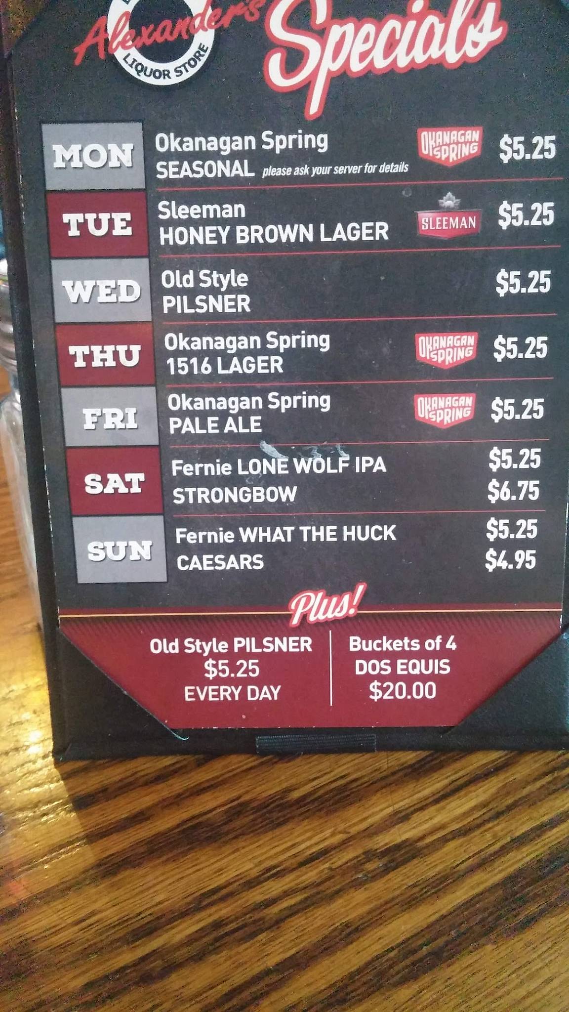 Menu at Alexander's Pub & Liquor Store, Canada, Kalamalka Rd