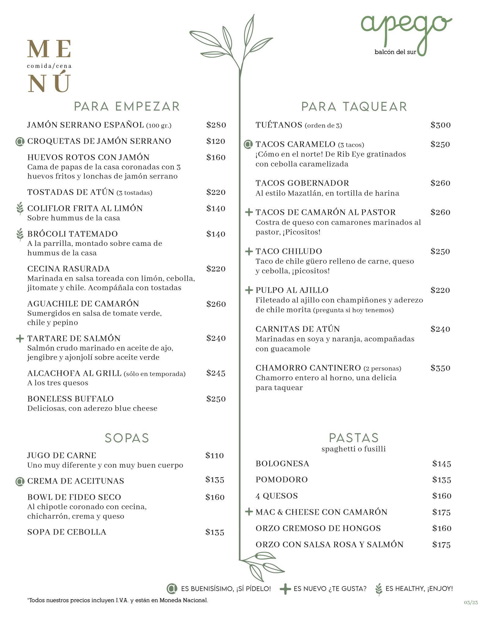 Carta del restaurante Apego, balcón del sur, Ciudad del México