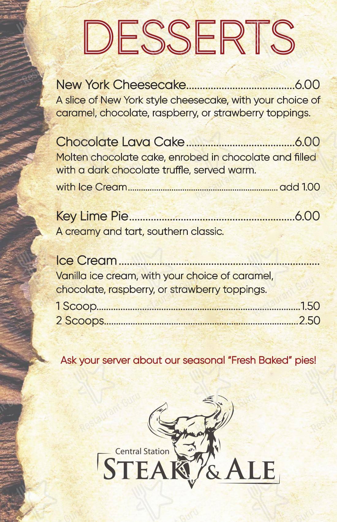 Menu at Central Station Steak And Ale steakhouse, Cambridge