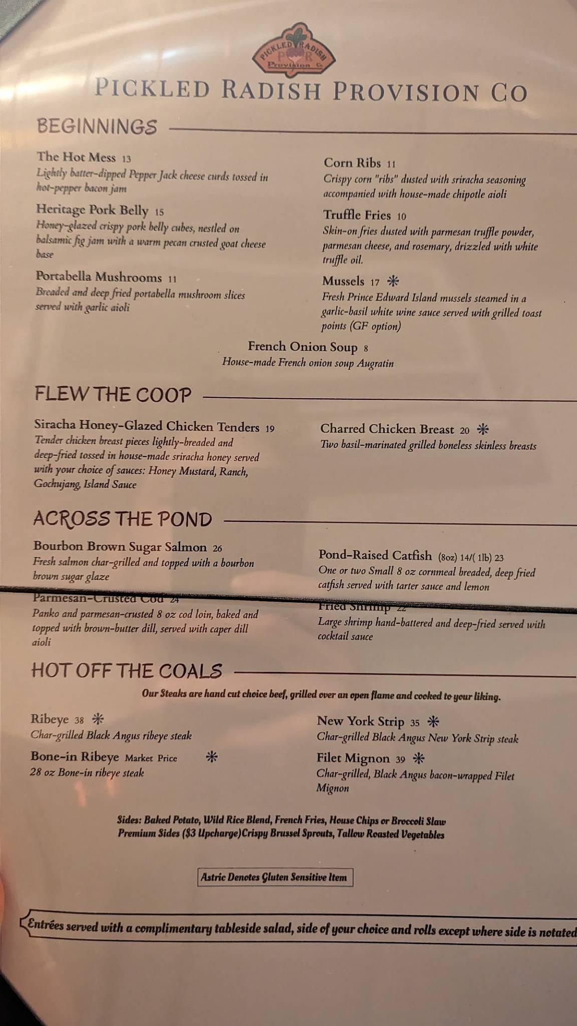 Menu at Pickled Radish Provision Company steakhouse, Eureka