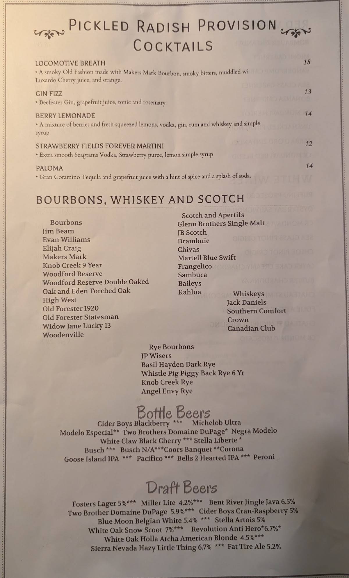 Menu at Pickled Radish Provision Company restaurant, Eureka