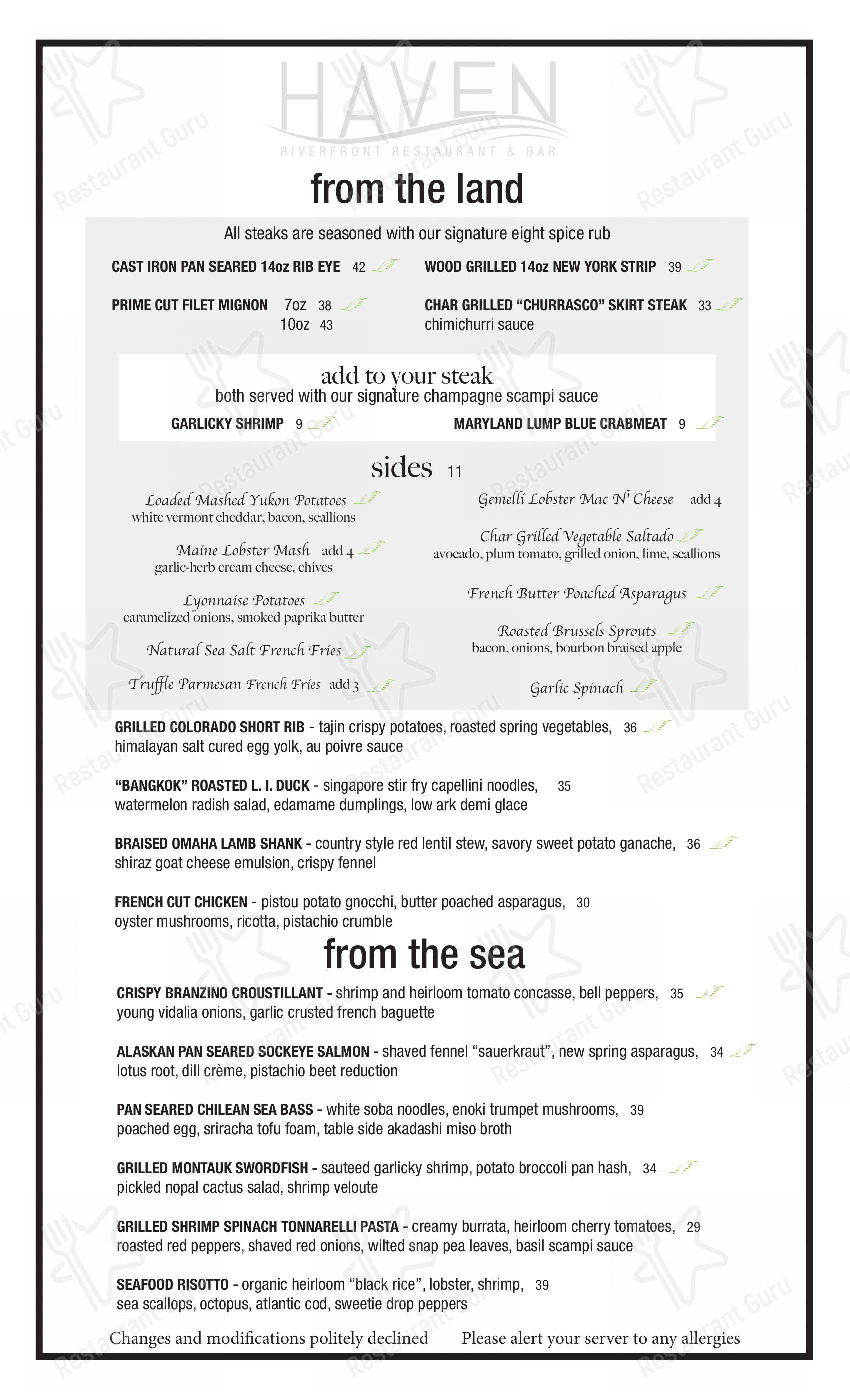 Menu at Haven Riverfront Restaurant and Bar, Edgewater