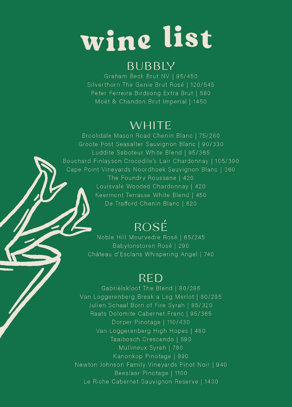 Menu at Hugo Social Club, South Africa
