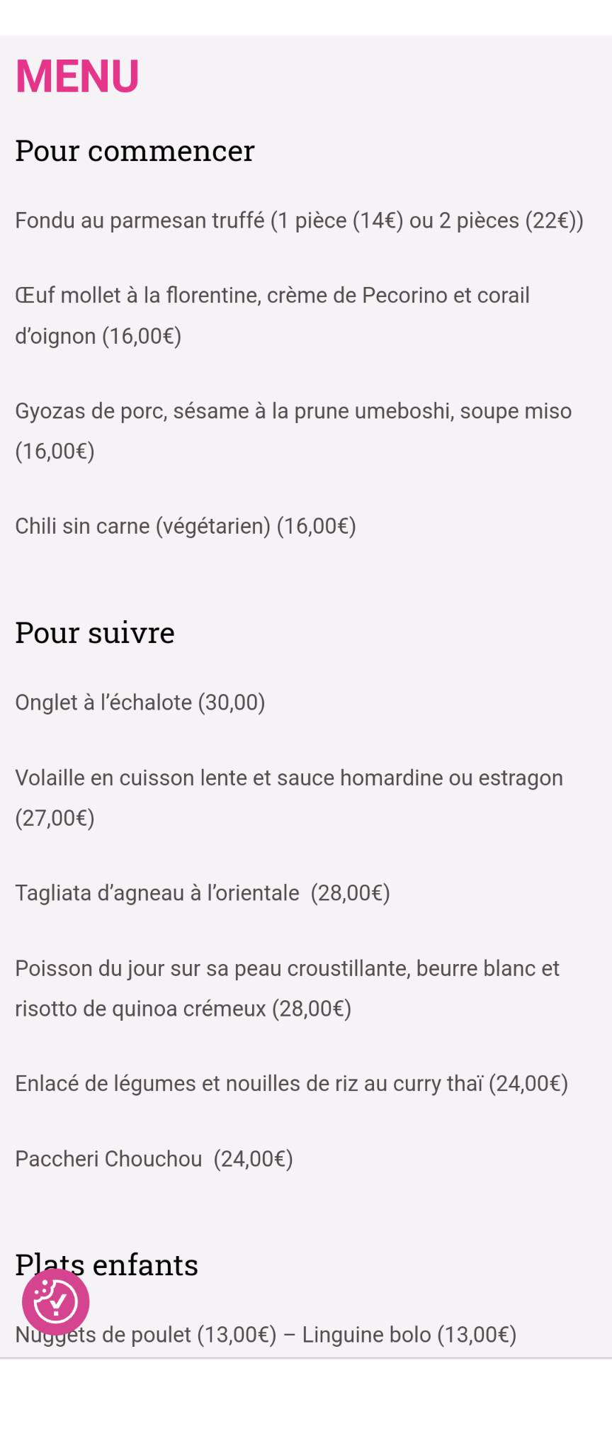 Menu au Comptoir Chouchou, Mont-Saint-Guibert