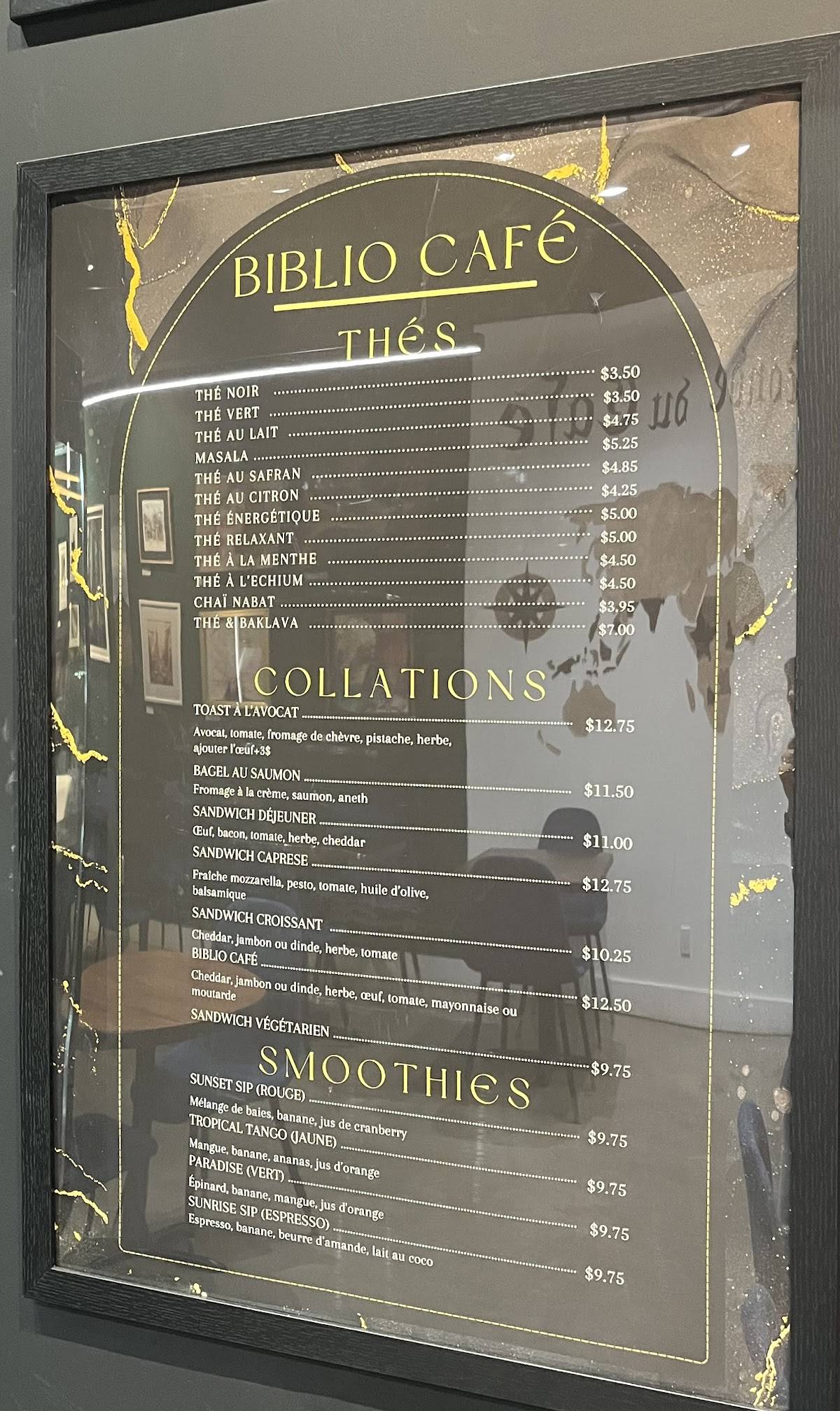 Menu at Biblio Cafe, Montréal