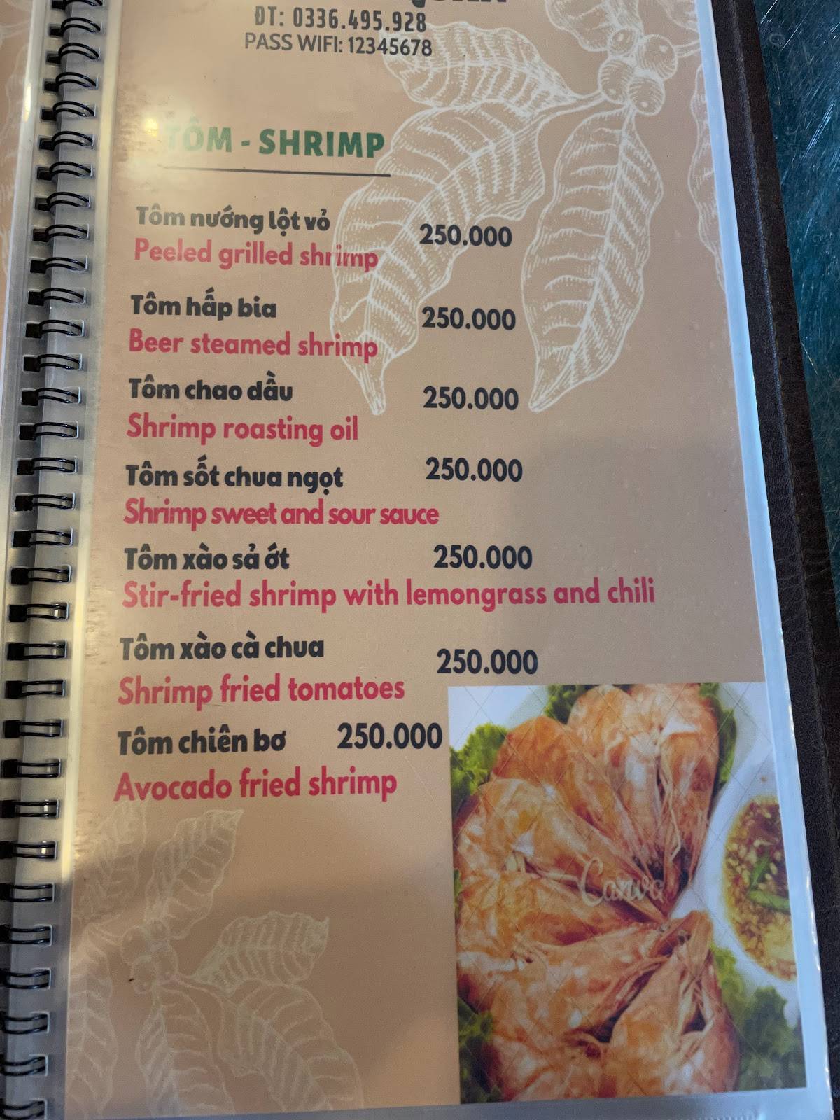 Menu at Phi Nhung Quán restaurant, Vietnam