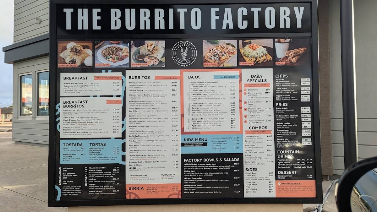 Menu at The Burrito Factory restaurant, Port Arthur