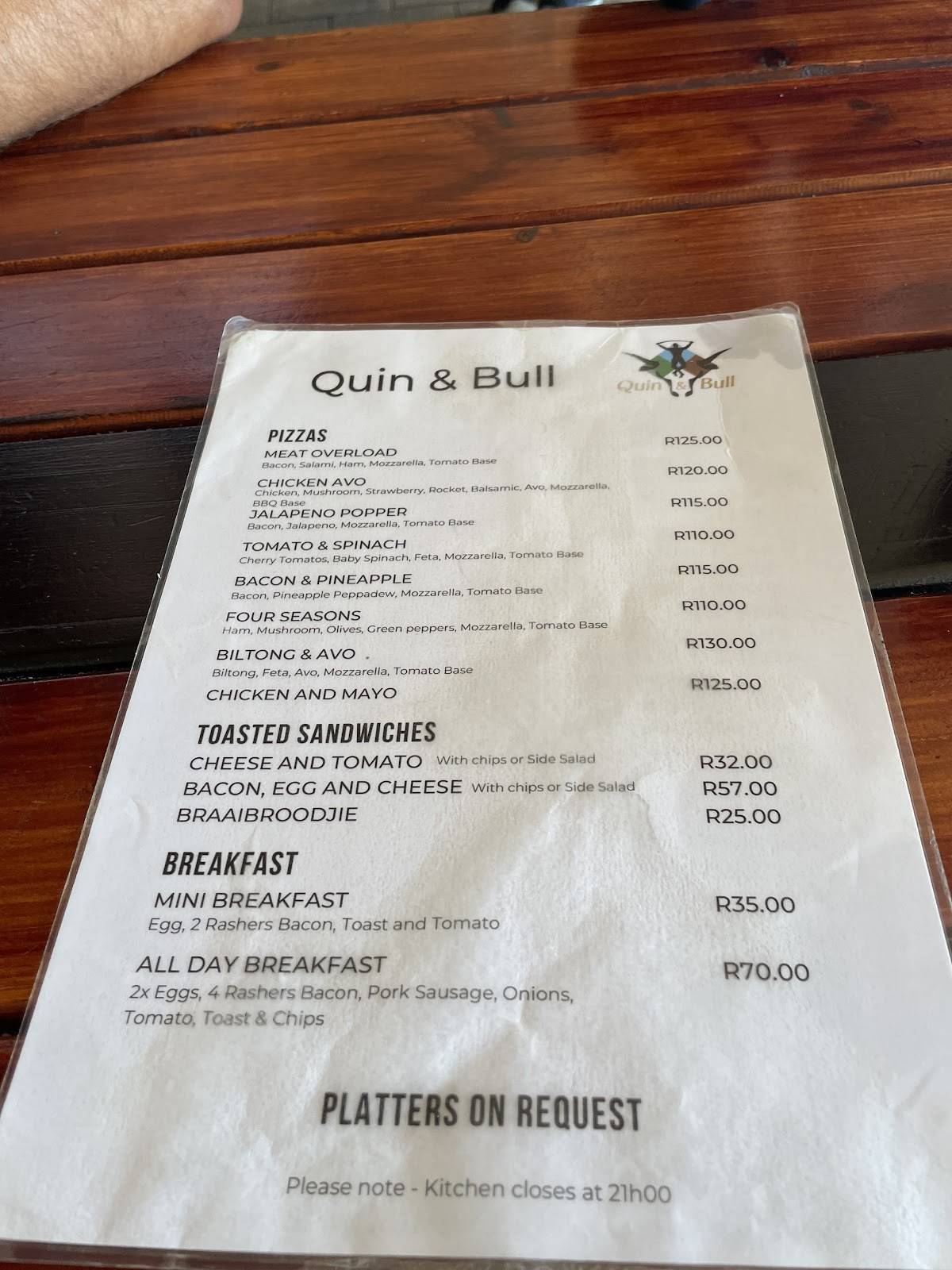 Menu at Quin & Bull restaurant, Pretoria