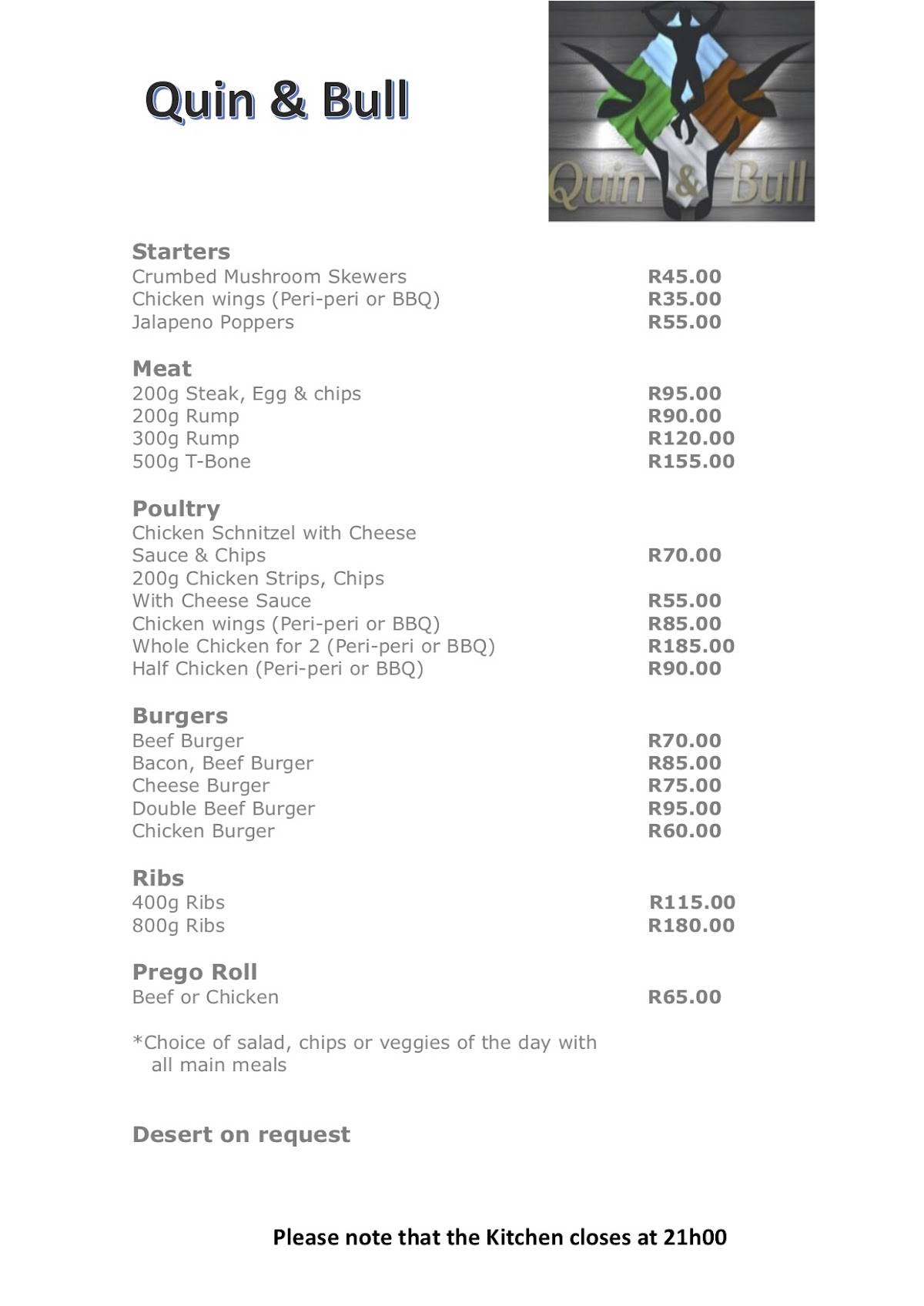 Menu at Quin & Bull restaurant, Pretoria