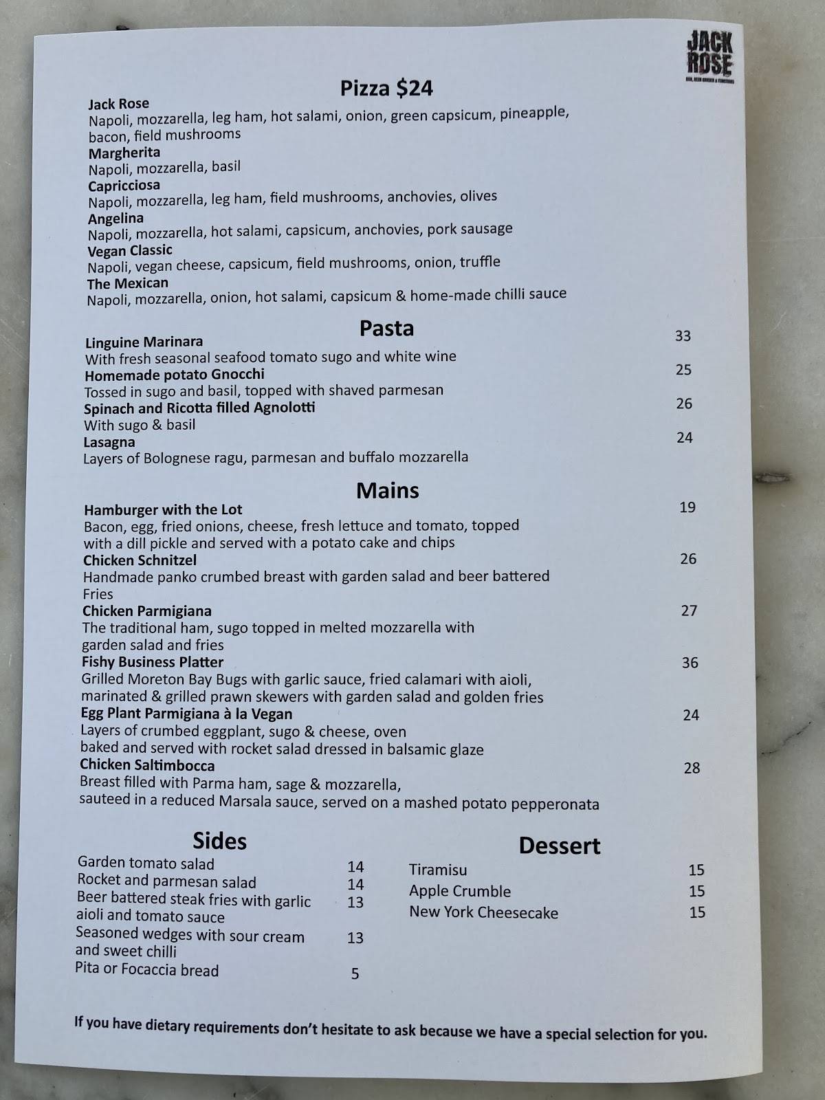 Menu at Jack Rose Bar & Functions, South Yarra
