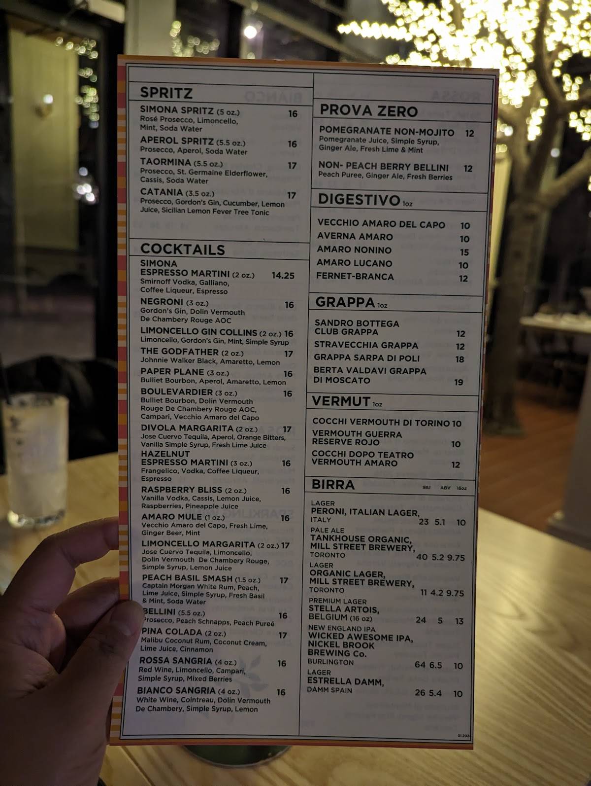 Menu at , Toronto