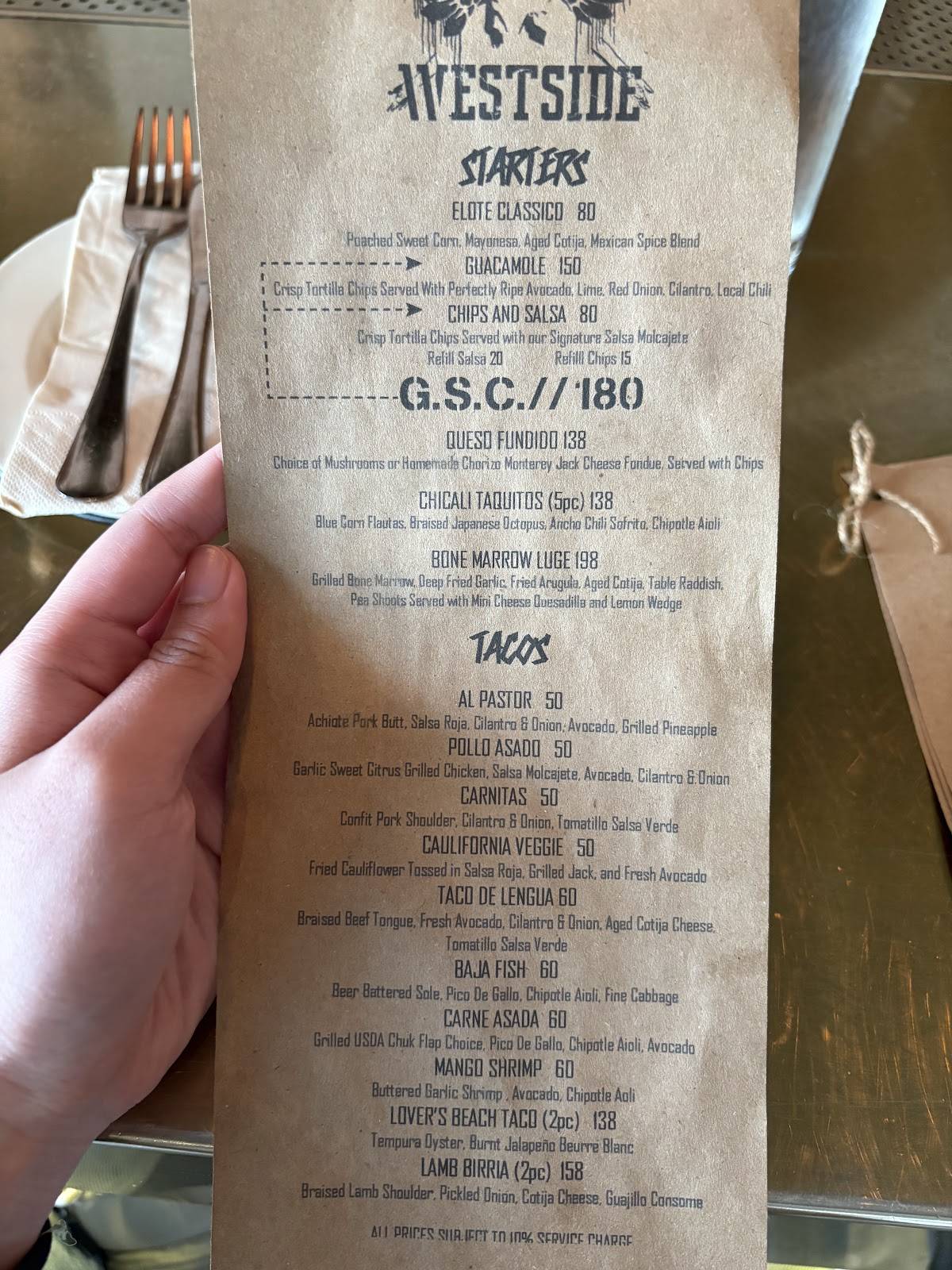 Menu at 11 Westside restaurant, Hong Kong