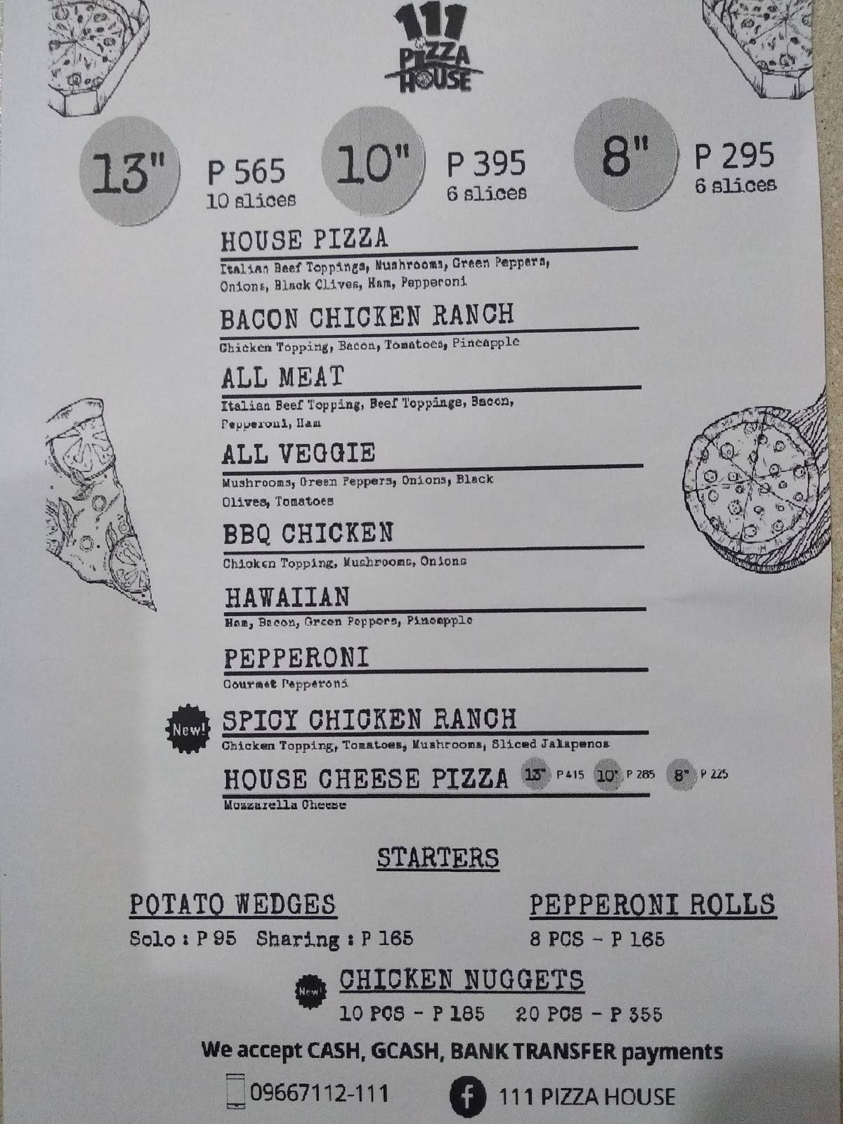 Menu at 111 Pizza House restaurant, Quezon City
