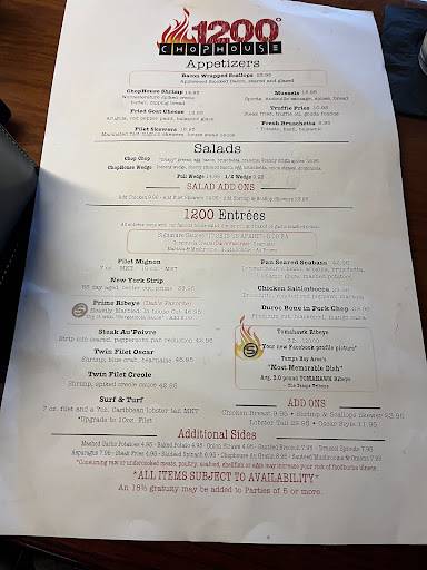 Menu at 1200 Chophouse steakhouse, Saint Pete Beach