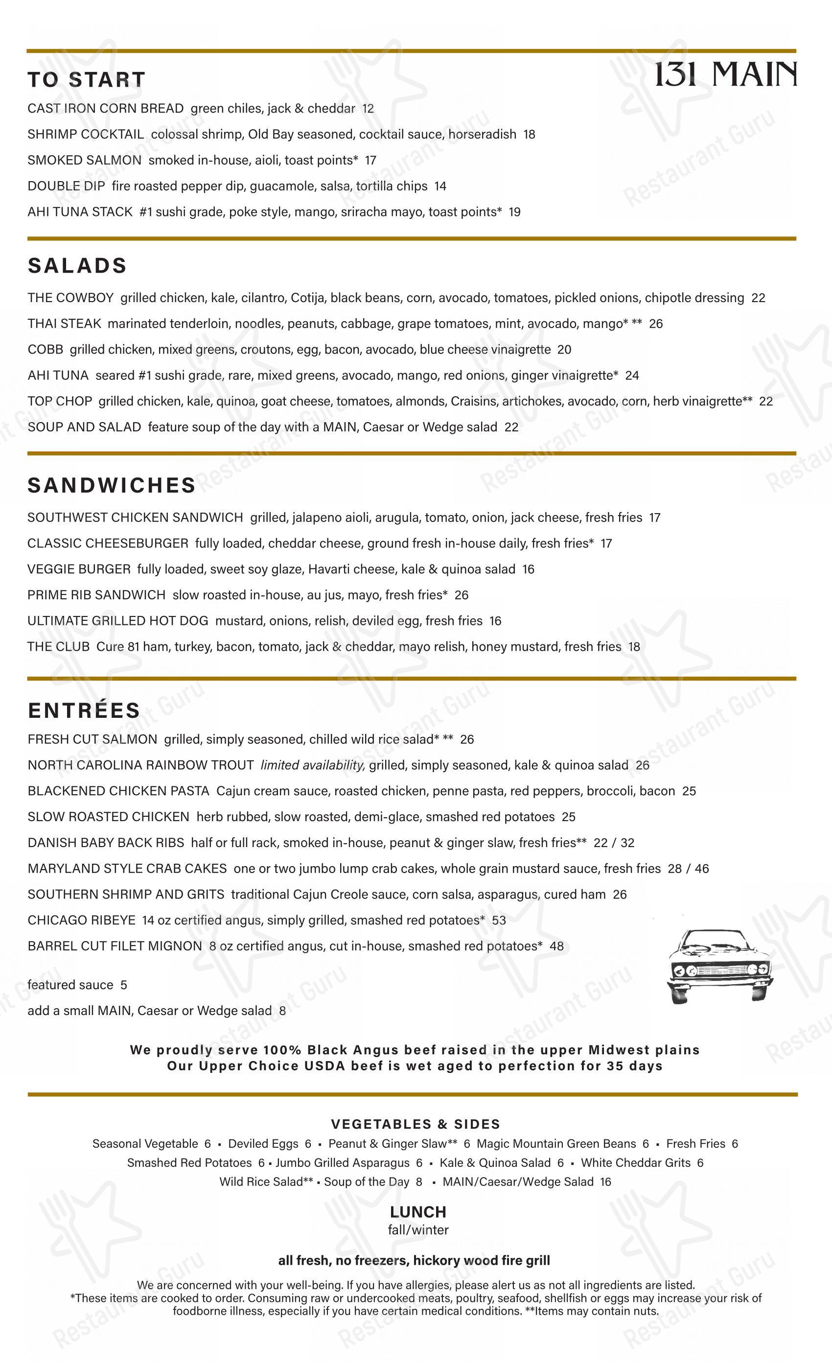 Menu at 131 MAIN Restaurant, Cornelius, Statesville Rd