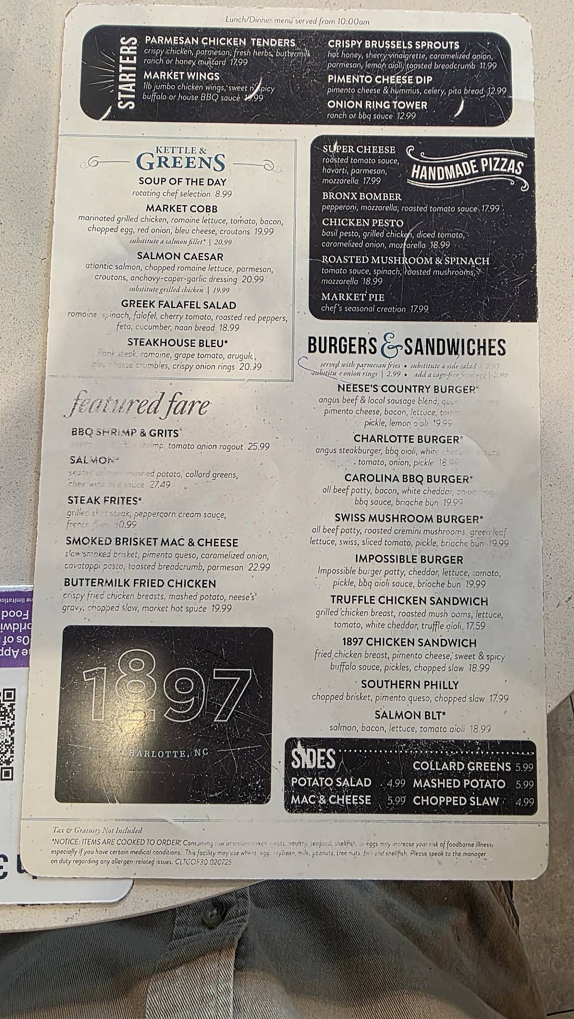 Menu at 1897 Market pub & bar, Charlotte, Josh Birmingham Pkwy
