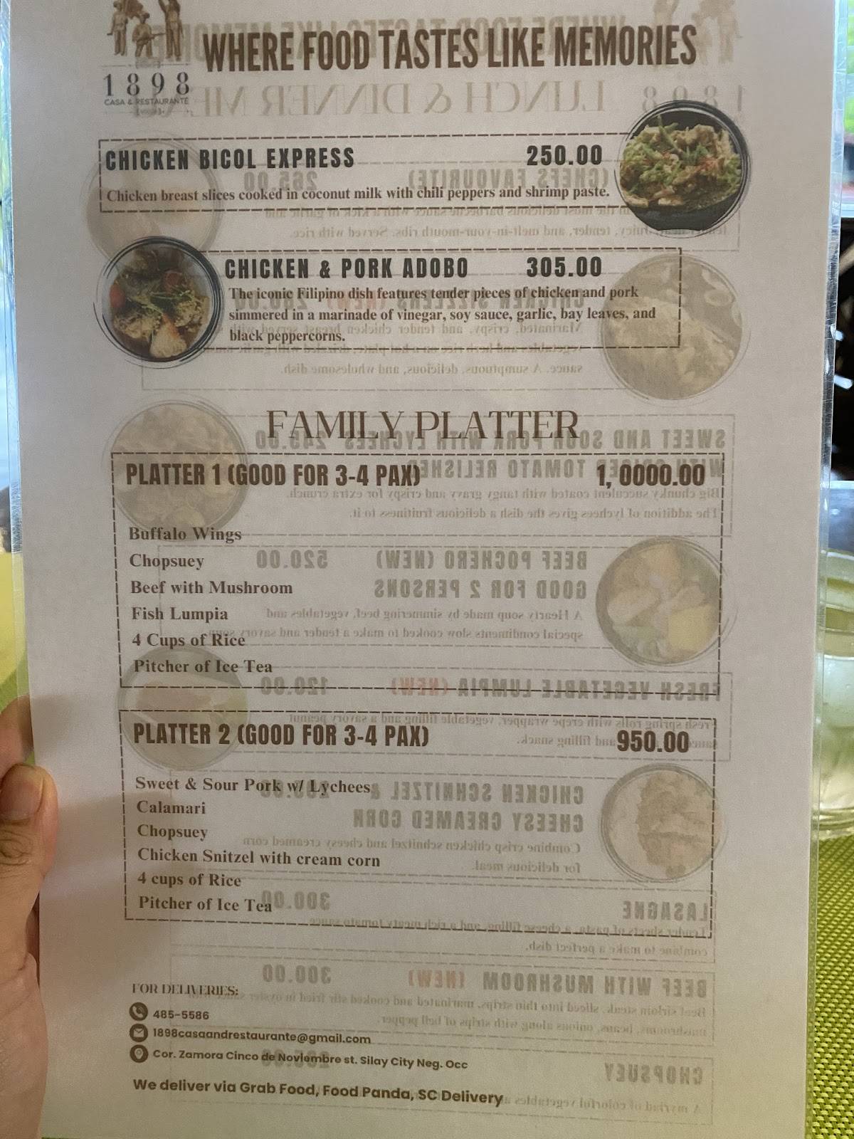 Menu at 1898 Casa and Restauranté, Silay City