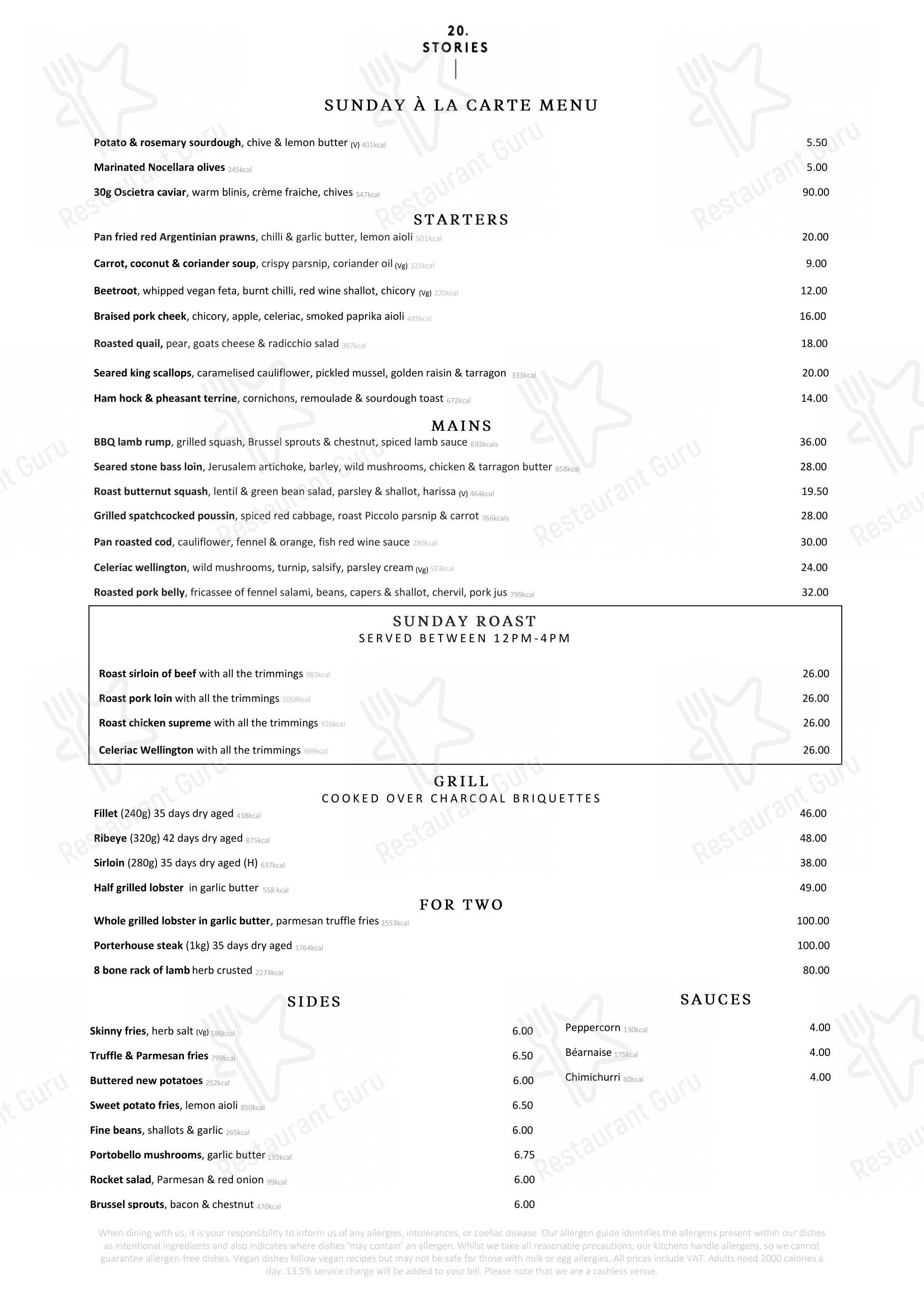 Menu at 20 Stories pub & bar, Manchester