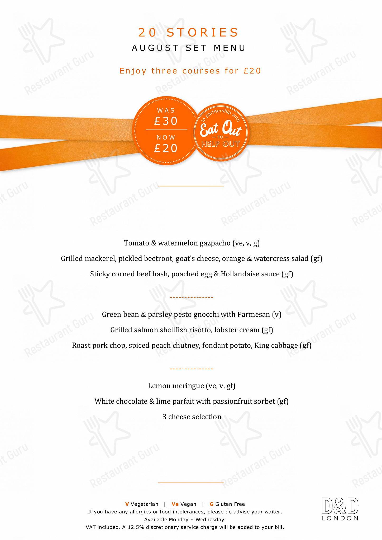 Menu at 20 Stories pub & bar, Manchester