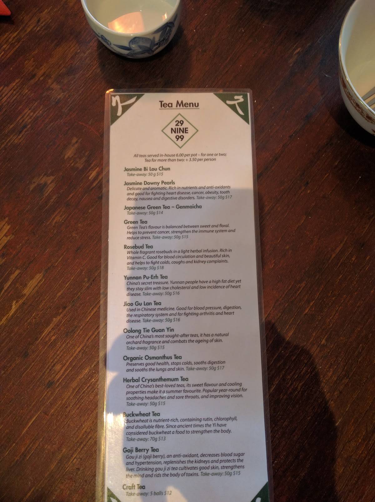 Menu at 29 Nine 99 Yum Cha & Tea House fast food, Rylstone