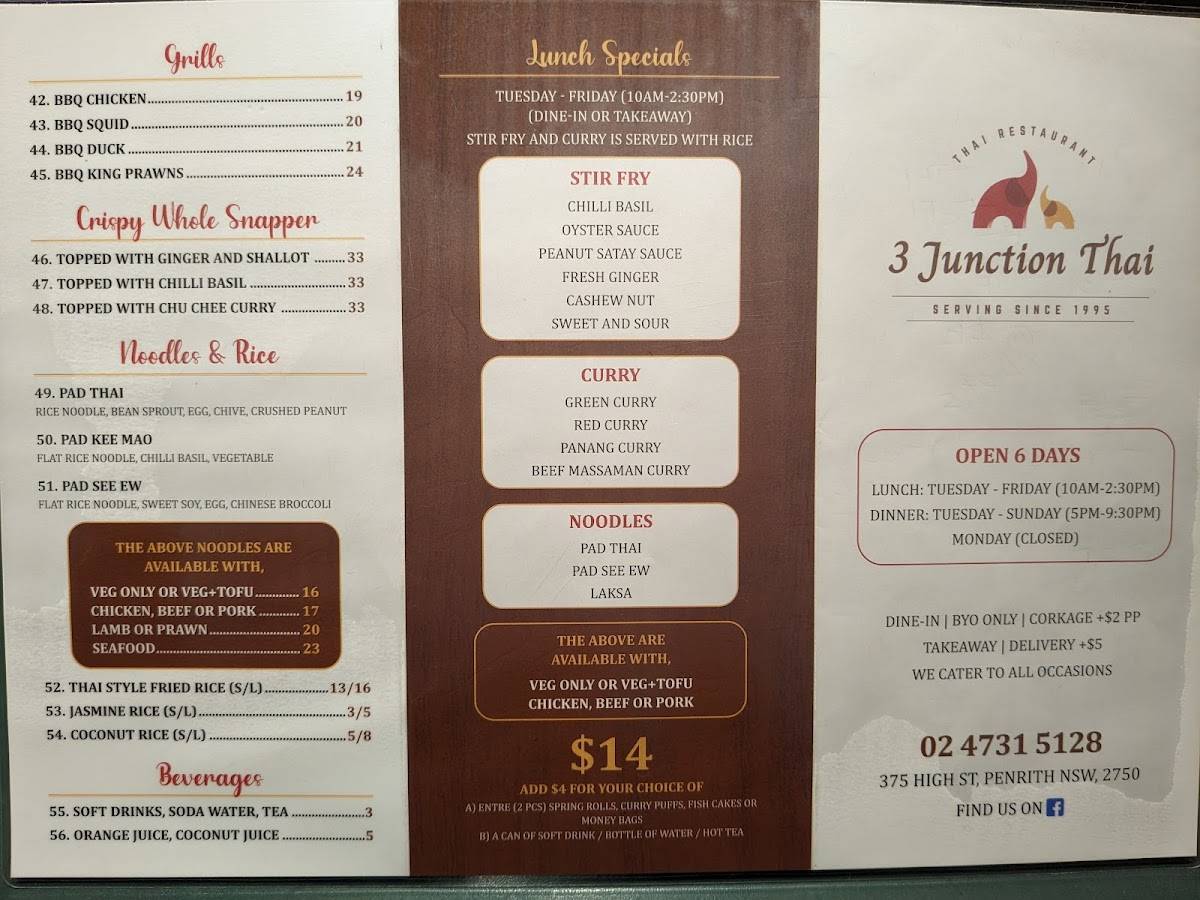 Menu at 3 Junction Thai restaurant, Penrith