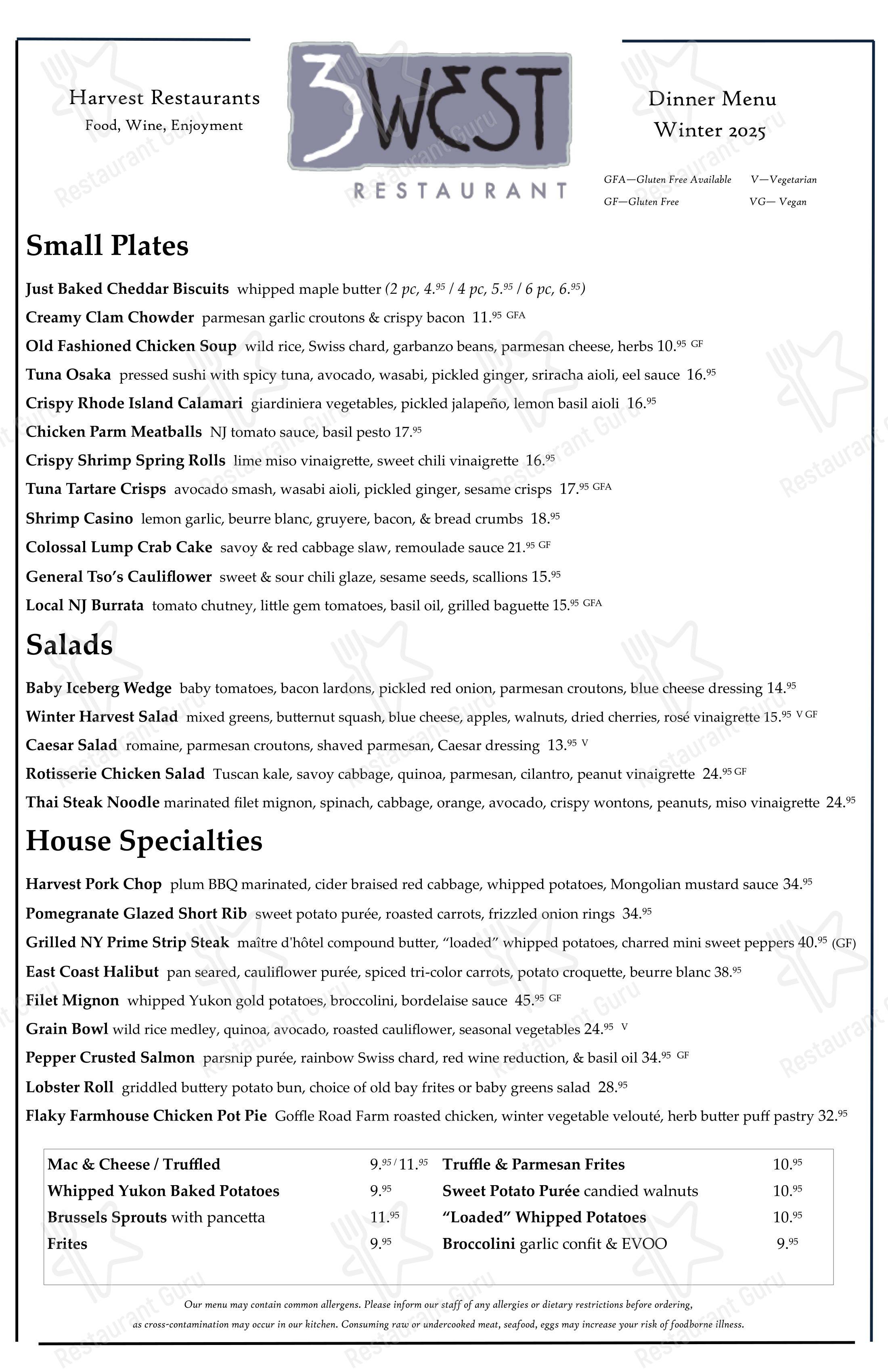Menu at 3 West restaurant, Warren, 665 Martinsville Rd