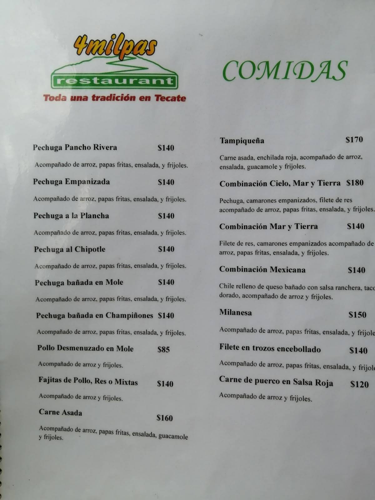 Carta de 4 Milpas Restaurant, Tecate