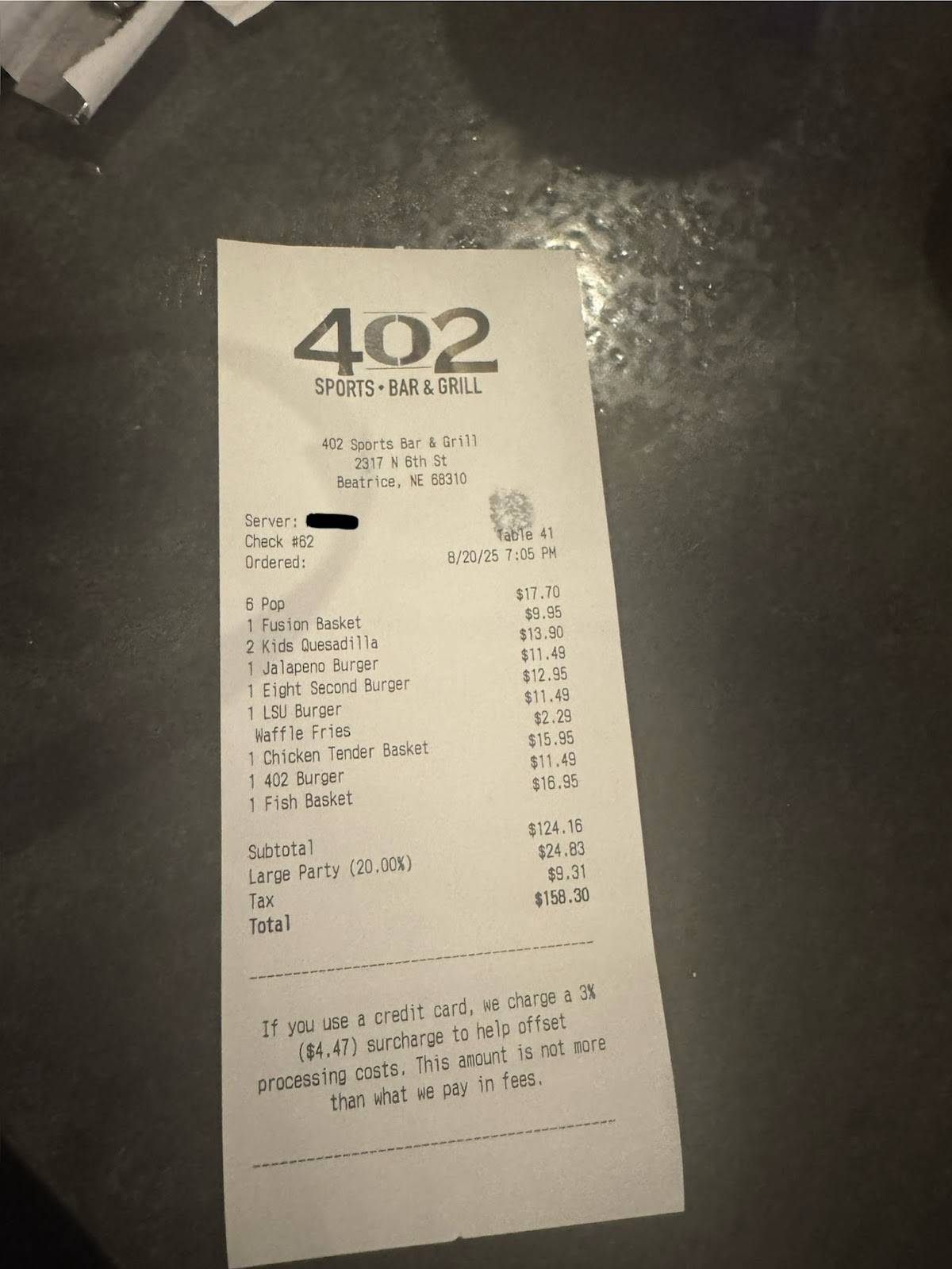 Menu at 402 Sports Bar and Grill, Beatrice