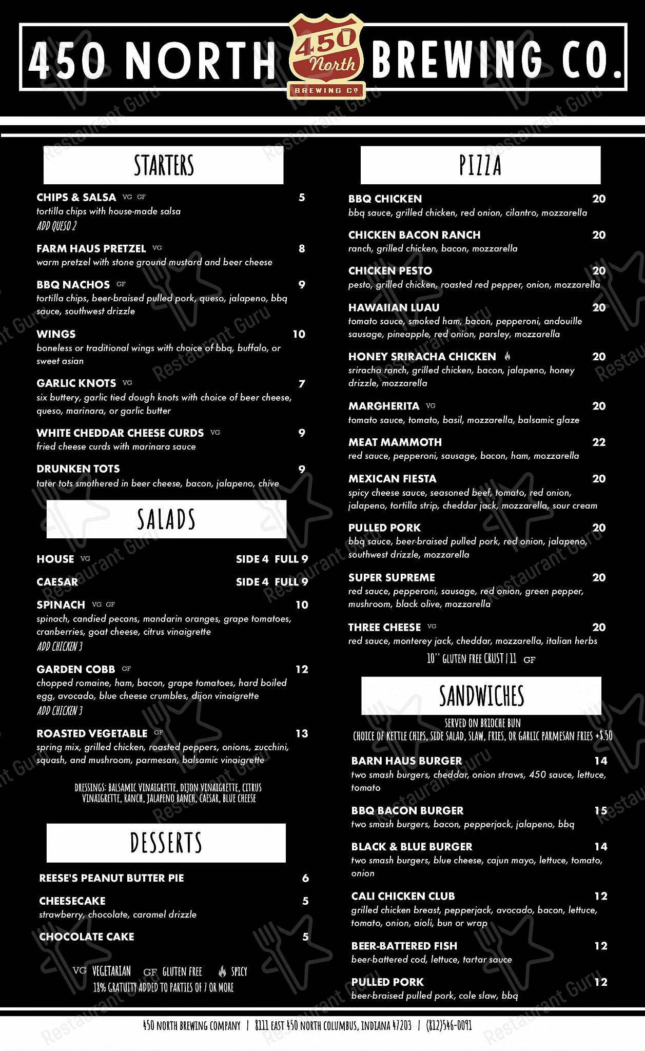 Menu at 450 North Brewing Co pizzeria, Columbus