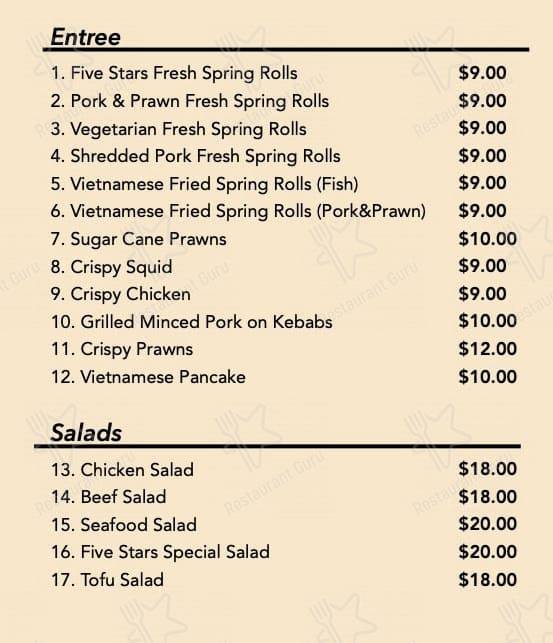 Menu at 5 Star restaurant, Christchurch, 250 Clyde Rd