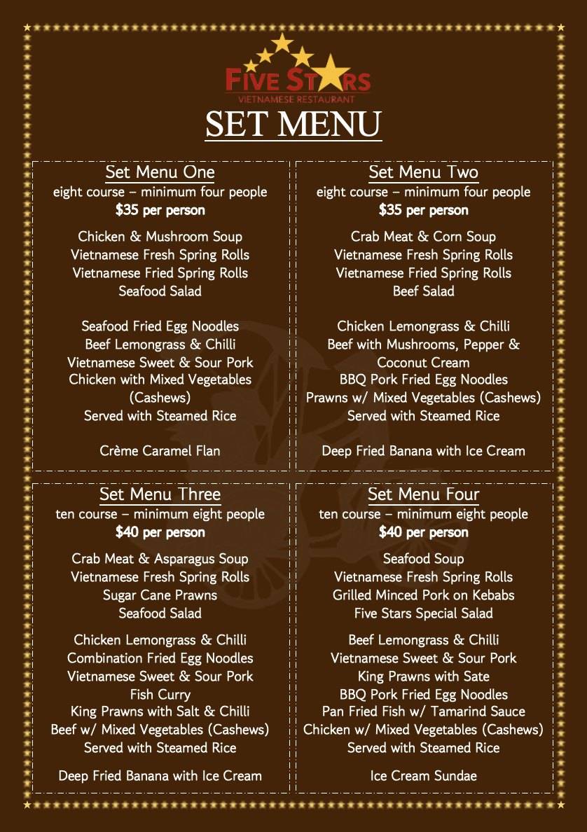 Menu at 5 Star restaurant, Christchurch, 250 Clyde Rd