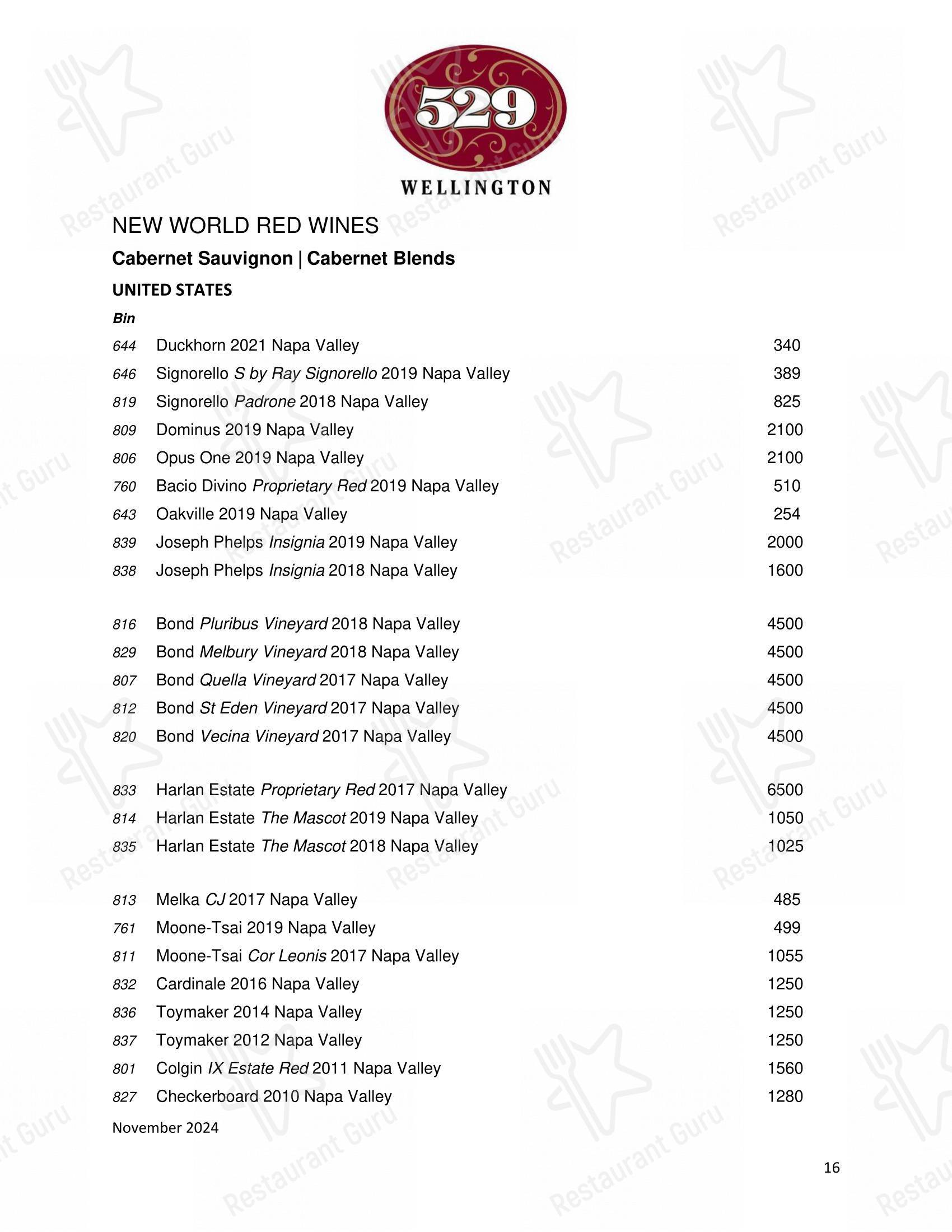 Menu at 529 Wellington Steakhouse, Winnipeg