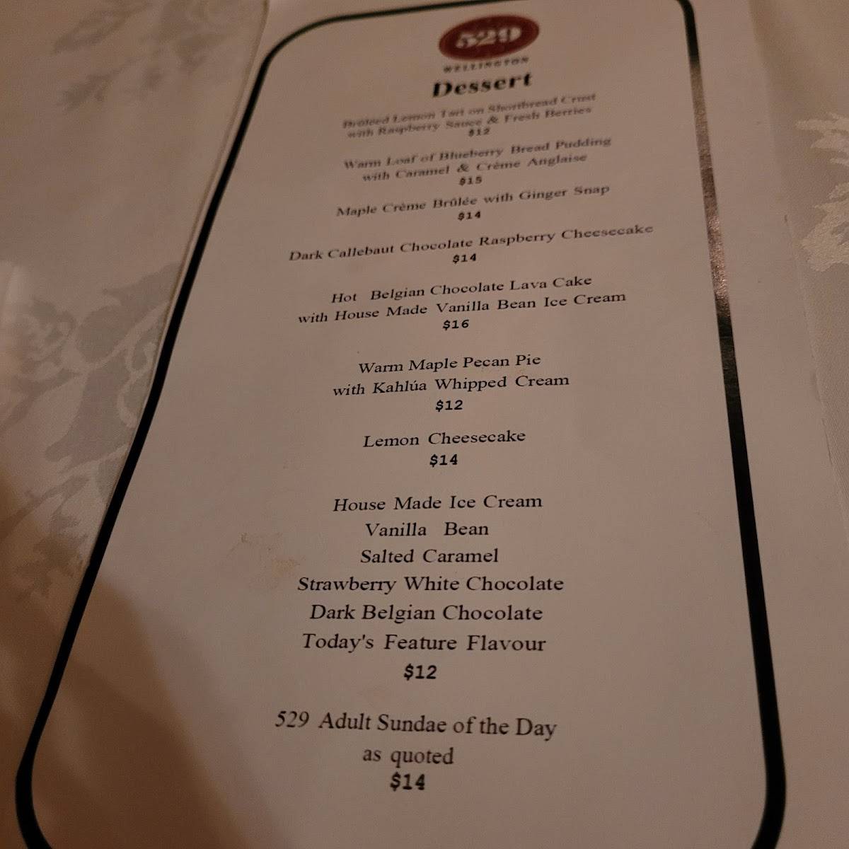 Menu au 529 Wellington Steakhouse, Winnipeg