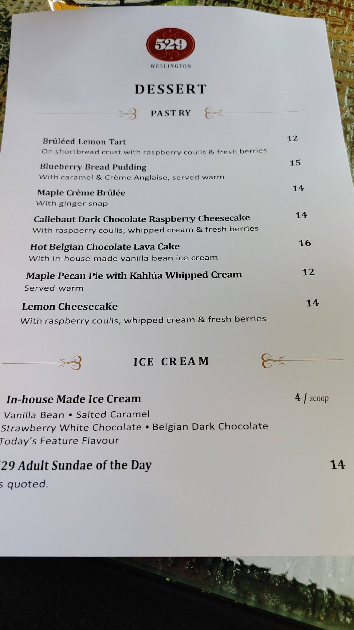 Menu at 529 Wellington Steakhouse, Winnipeg