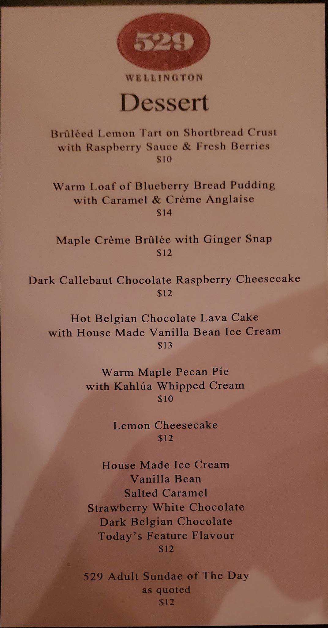 Menu at 529 Wellington Steakhouse, Winnipeg