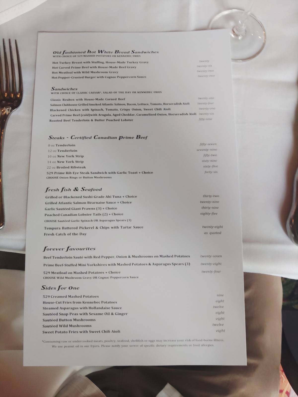 Menu at 529 Wellington Steakhouse, Winnipeg