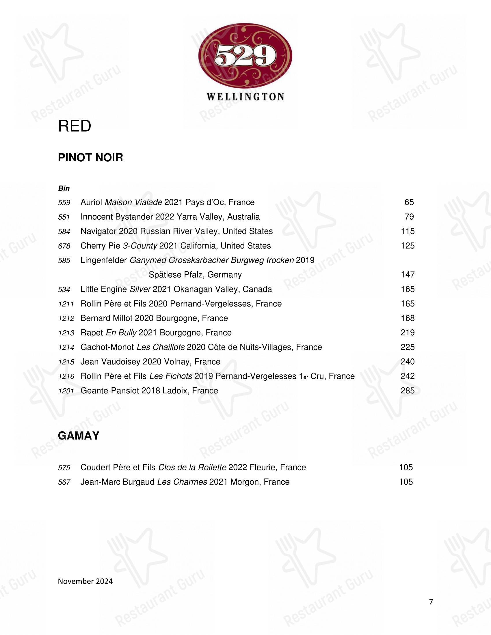 Menu at 529 Wellington Steakhouse, Winnipeg