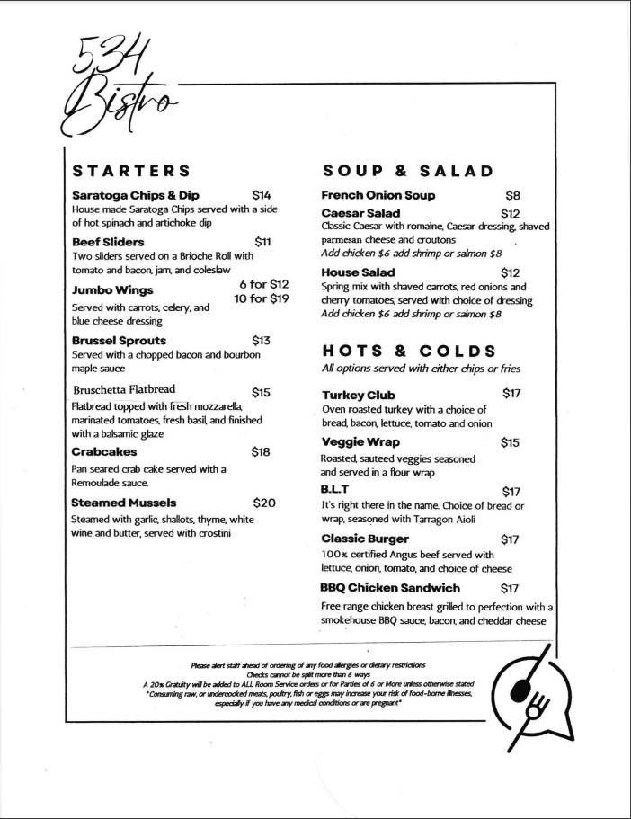 Menu at 534 Bistro pub & bar, Saratoga Springs