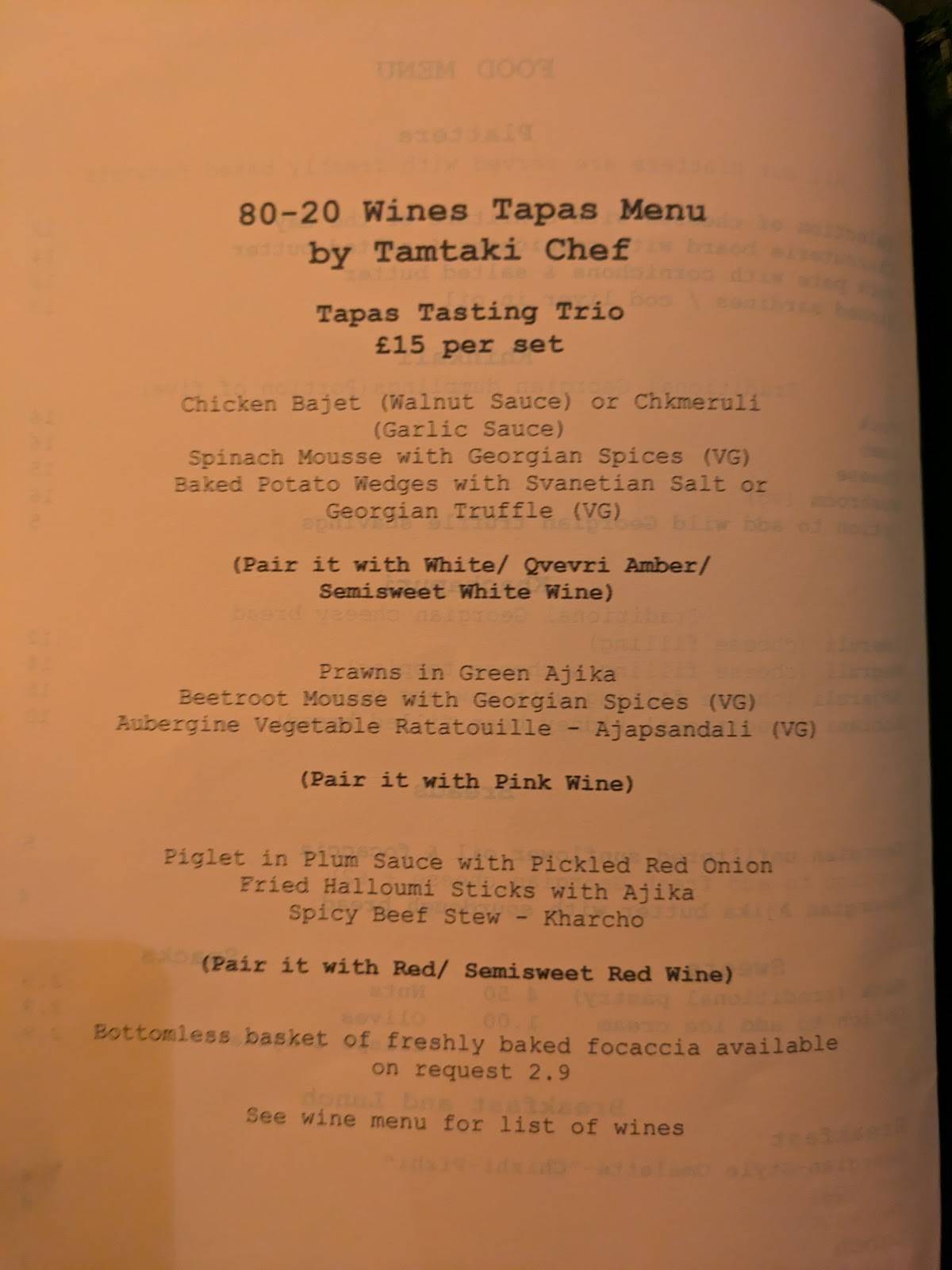 Menu at 80 - 20 Wines pub & bar, London