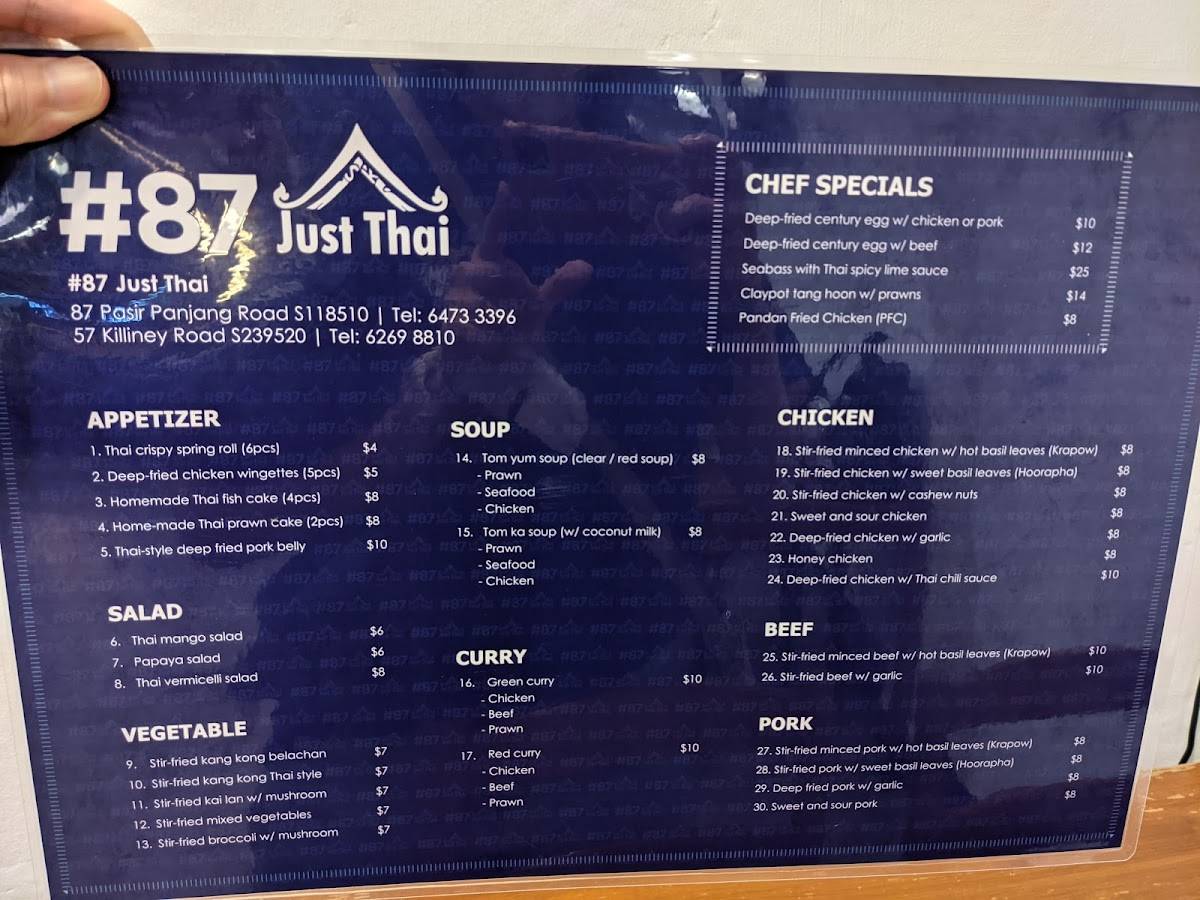 Menu at 87 Just Thai Holland Village restaurant, Singapore, 34B Lor Mambong