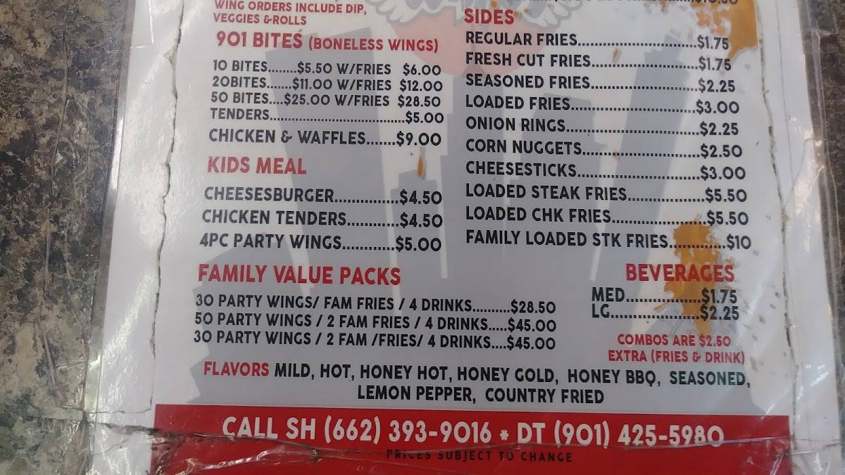 Menu at 901 Wings restaurant, Southaven, 156 Stateline Rd W